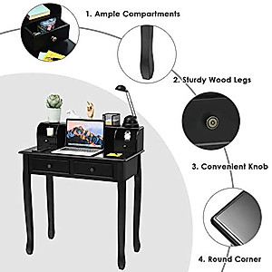 GOFLAME Writing Desk, Large Storage Space with 4 Drawers, Secretary Table Computer Desk Writing Table with Detachable Tabletop Organizer, Suit for Home and Office Use (Black)