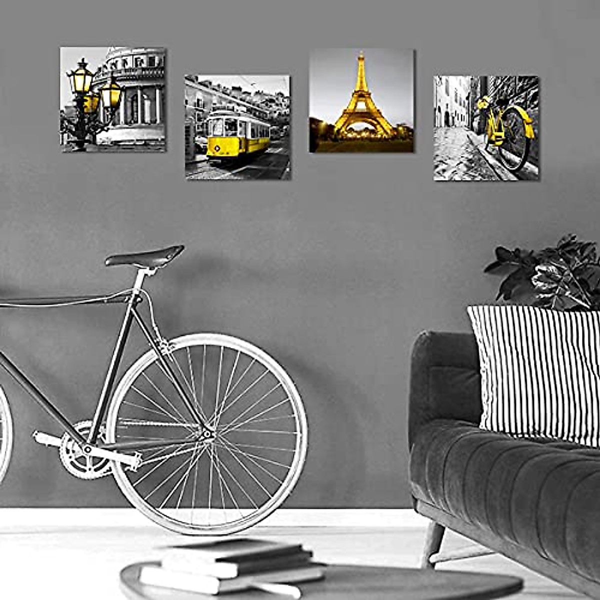 YMYXMC33 Decor Bedroom Paris Eiffel Tower Canvas Print Black and White Wall Art London Landmark Building Yellow Lighting Old Tram Yellow Rose Bicycle Picture Decoration Living Room 12"x12"x4