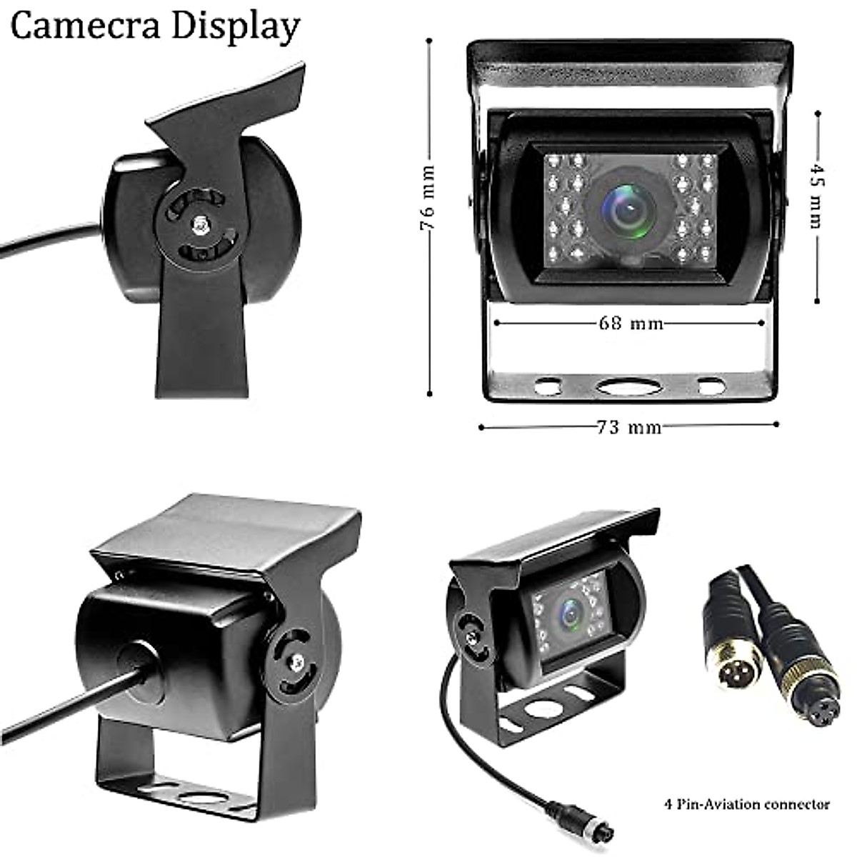 CAMECHO Bus Truck Vehicle Backup Cameras Wide View Angle IR Night Vision, Waterproof Reverse Camera with 4 Pin Aviation Connector for Bus/RV Camper/Truck/Trailer/Van(Without Guide Line)