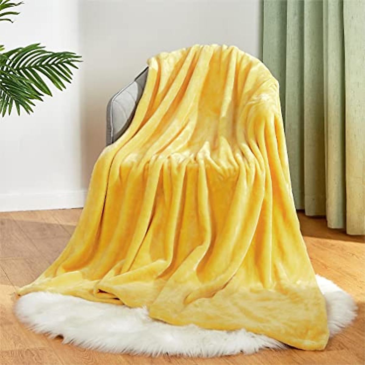Mellowdy Plush Flannel Blanket Cozy Warm Soft Fleece Fall Fuzzy Throw Blanket for Couch Sofa Bed Camping Traveling Boys Girls (Misted Yellow, 50''x60'') - 320GSM