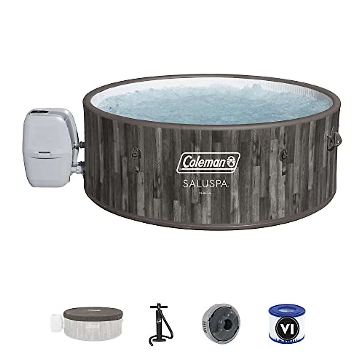 Coleman Napa SaluSpa 2-7 Person Inflatable Round Outdoor Hot Tub Spa with 180 Soothing AirJets, 2 Filter Cartridges, and Insulated Cover, Gray Wood