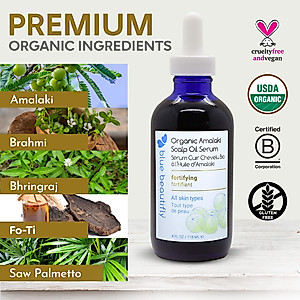 Blue Beautifly Organic Amalaki Scalp Oil Serum | Strengthens Hair Follicles, Restores Growth, and Treats Dandruff | USDA Certified Organic | Enriched with Rosemary Oil and Ayurvedic Herbs | 4 fl oz