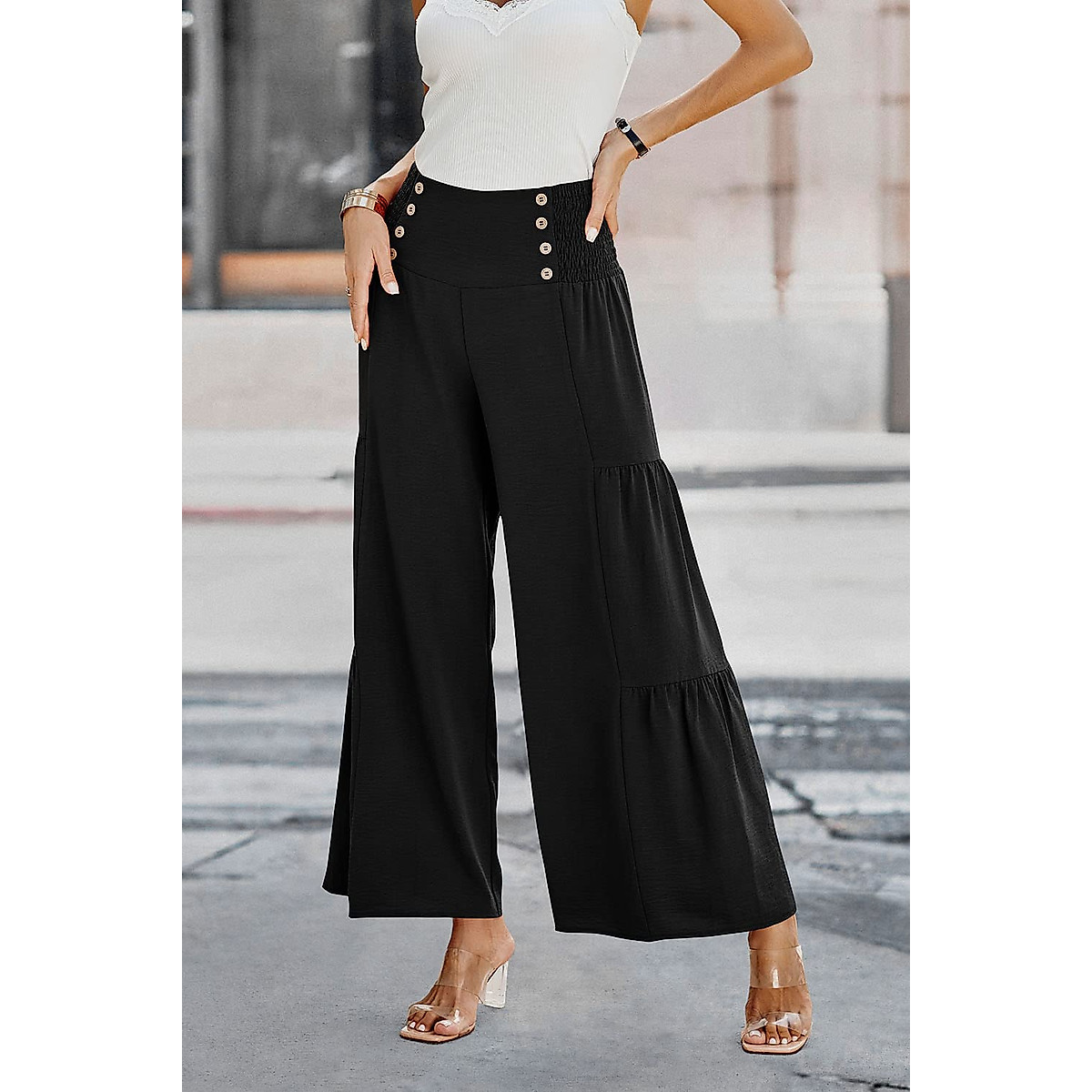 PRETTYGARDEN Women's Casual Long Palazzo Pants Elastic High Waist Wide Leg Loose Lounge Trousers (Black,Medium)