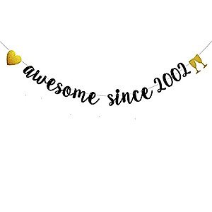 Awesome Since 2002 Banner, Pre-Strung,Black Glitter Paper Garlands for Girls women 21st Birthday Party Decorations Supplies, No Assembly Required,Black,SUNbetterland