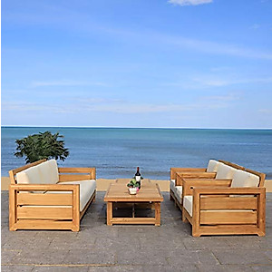 SAFAVIEH Couture Patio Guadeloupe Natural Brazilian Teak and White Outdoor Club Chair