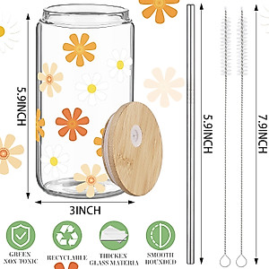 Nuenen 4 Pcs 16oz Daisy Flower Glass Cup with Lids and Straws Iced Coffee Glass Cup Cute Aesthetic Cups Glass Coffee Tumbler for Women Friend Her Birthday Gifts (Daisy)