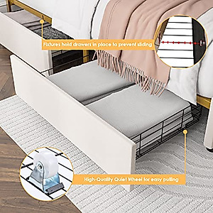 HIFIT King Platform Bed Frame with 4 Storage Drawers, Upholstered with Button Tufted Headboard, Heavy Duty Mattress Foundation with Wooden Slats, No Box Spring Needed, Golden and Beige