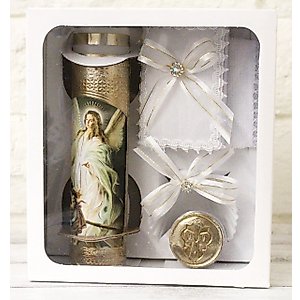 Beautiful Handmade 5pc. Angels with Kids Foil Baptism Christening Shells Candle Set Favors Girl Boy White Set de Bautizo Espanol Nina Nino Baptism Communion Lace Gift Box