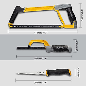 KATA Hacksaw Frame Set, 12" Hacksaw Frame, 10'' Mini Hacksaw and Drywall Saw/Jab Saw, Including 4pc Extra Flexible Bi-Metal HSS Blades, Handsaw for Metal, Wood, PVC Pipes