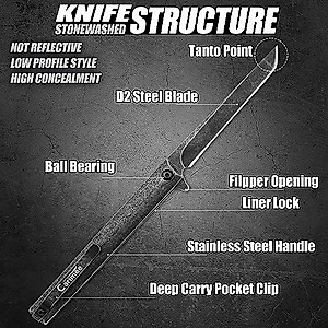 Carimee Pocket Knife with Pocket Clip, Sheath, D2 Steel Blade, Stonewashed Handle, EDC Gentleman Knife for Outdoor, Gift for Men LD02T