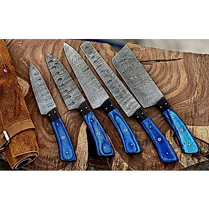Handmade Damascus steel Chef Knives set with sharpener| 6 pcs of Professional Utility kitchen Knife Set with cleaver and leather Roll Bag
