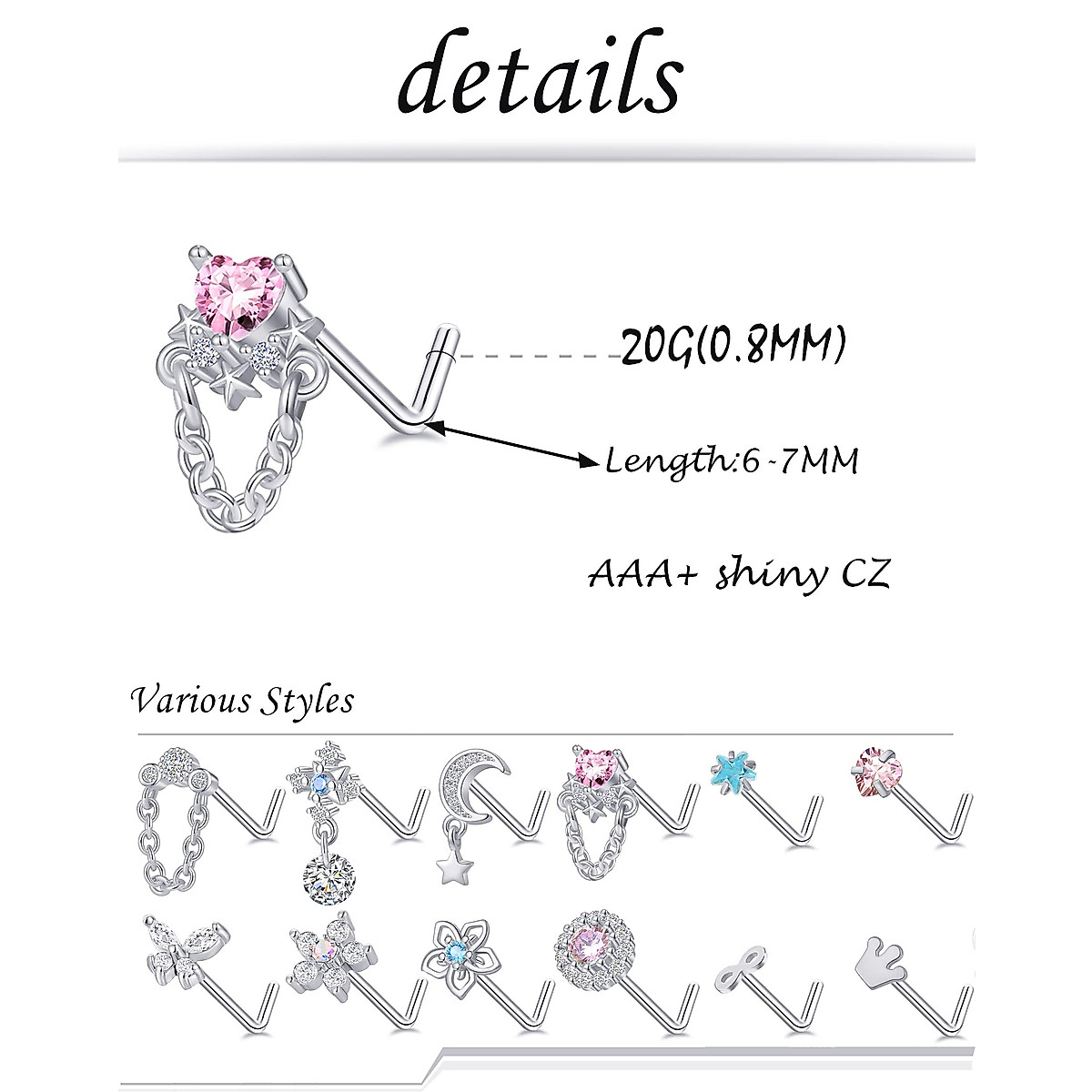 Tornito 16Pcs Dangle Nose Rings Stud L Shaped Cubic Zirconia Butterfly Heart Star Moon Flower Crown Assorted Shape Stainless Steel Nostril Piercing Jewelry for Women Men 20G Silver Tone