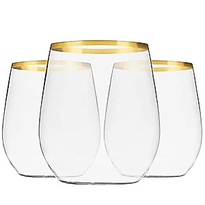 24 Pack Plastic Stemless Wine Glasses with Gold Rim, Disposable 12 Oz Clear Wine Cups – Shatterproof Recyclable And BPA-Free, Fancy Party Cups for Wedding Reception Cocktail Parties and Catered Events