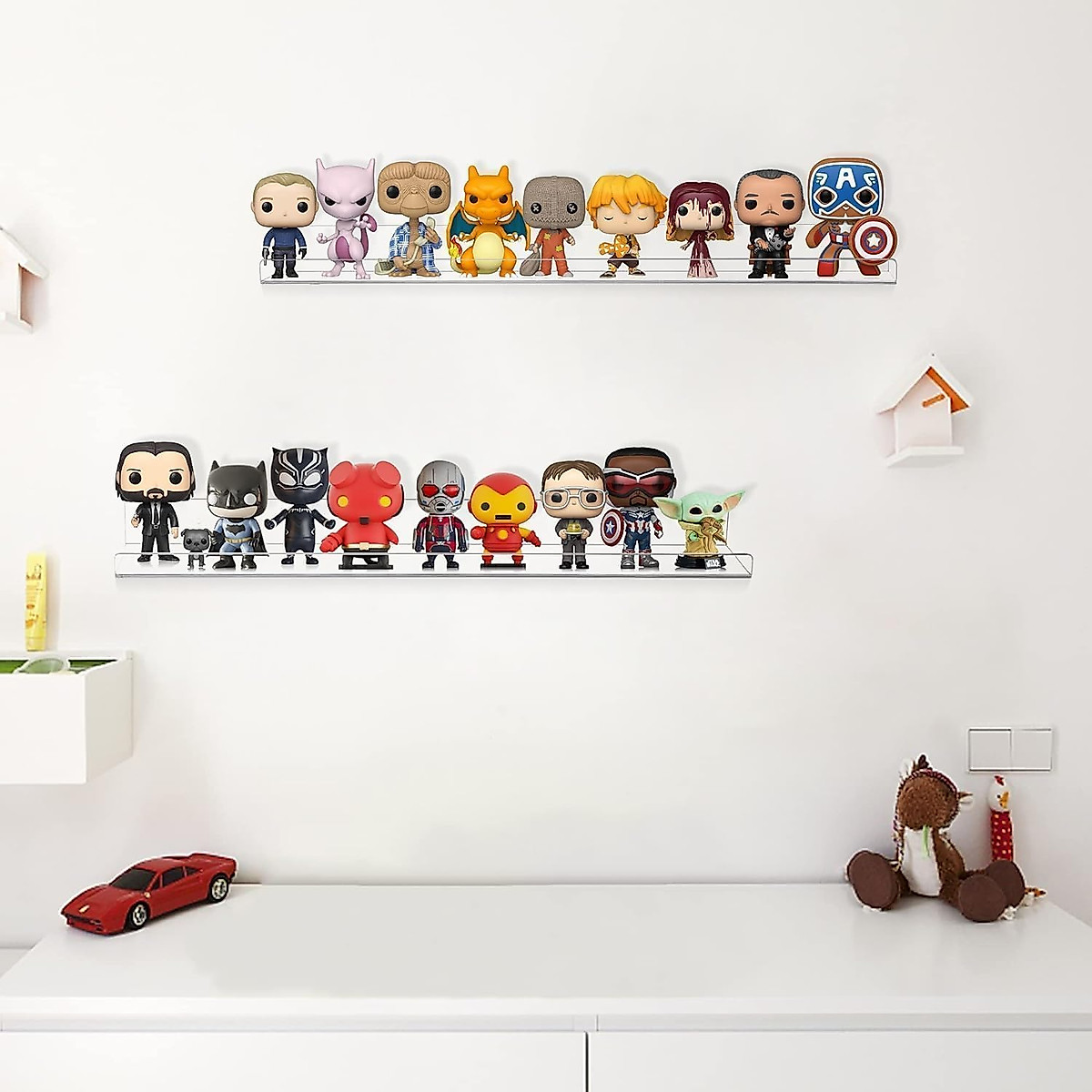 Famyards 24 inch Clear Acrylic Floating Shelves Wall, Bookshelf for Kids, Magazine Rack, Picture Ledge Shelf Storage of Books,Picture,Toys, Vinyl Records and Small Ornaments on Wall, Pack of 4