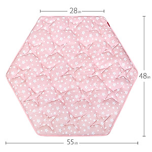 Hexagon Mat Princess Tent Rug, Plush Soft Playpen Mat Fitted for Monobeach Princess Castle, Non Slip Pink Star Nursery Rug for Baby Girl Room Decor, 55" L x 47" W