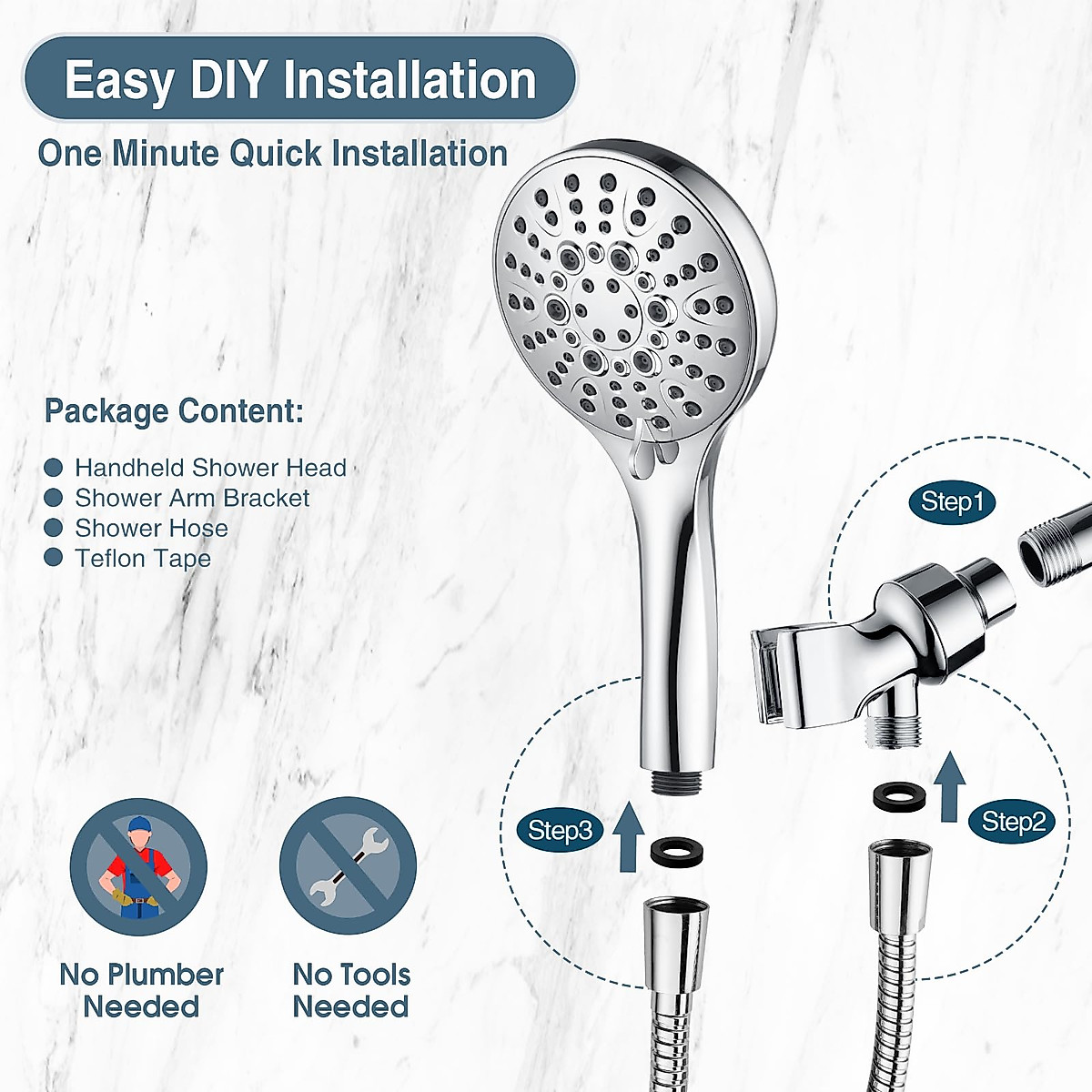 BRIGHT SHOWERS High Pressure Shower Head with Handheld, 9 Spray Settings Showerhead Built in Power Wash to Clean Tub and Pets, Extra Long 69" Hose, Adjustable Bracket, Chrome