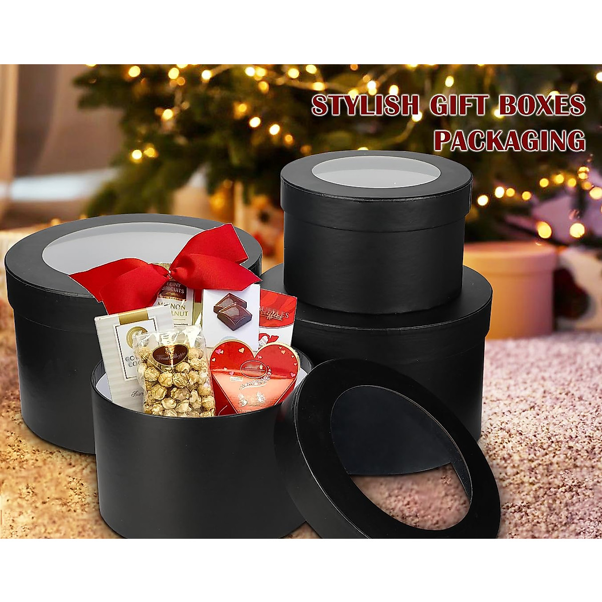 Flower Boxes for Arrangements Nesting Round Gift Boxes with Clear Lids Black Round Boxes for Flowers Set of 4 Assorted Sizes Flower Boxes for Flower Arrangements, Valentine's Day, Mother's Day,