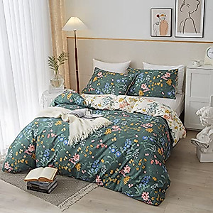 PinkMemory Green and White Duvet Cover Queen 100% Cotton, Garden Flower Pattern Bedding Duvet Cover Set Full Queen with Pillowcases Soft Durable Zipper-No Comforter Insert