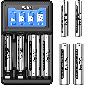 SUKAI 4 Bay AA AAA Battery Charger, USB High-Speed Charging, Independent Slot, for Ni-MH Ni-CD Rechargeable AA AAA Batteries, No Adapter