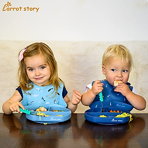 Carrot story 100% Silicone Pocket Baby Toddler Bibs, Waterproof Washable Bibs, BPA Free, Microwave/Dishwasher Safe, Set of 2 (Whales & Rockets)