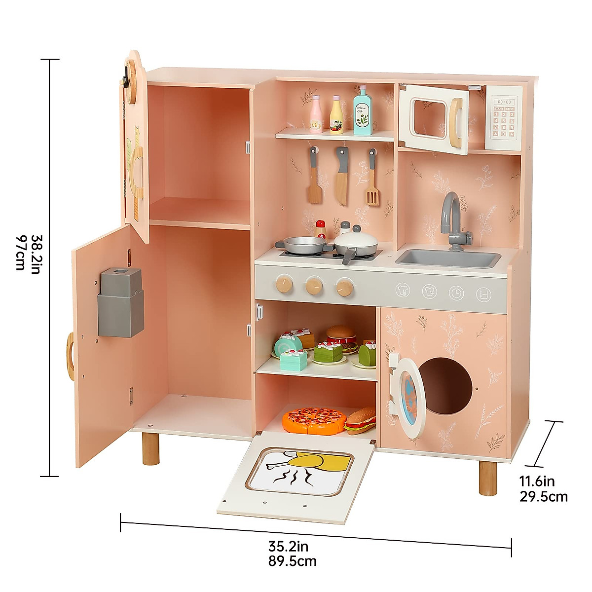 Bruvoalon Wooden Play Kitchen Toy Set for Kids, with Realistic Design, Sink with Faucet, Oven, Microwave, Utensils, Kitchenware Play Food Set Accessories, Birthday Gifts for Toddlers Boys Girls (Pink)