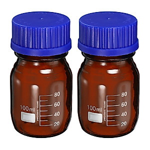 PATIKIL 100mL Reagent Media Bottle, 2Pcs Round Graduated Glass Storage Bottle Blue Screw Cap for Chemistry Lab Universities Home, Amber