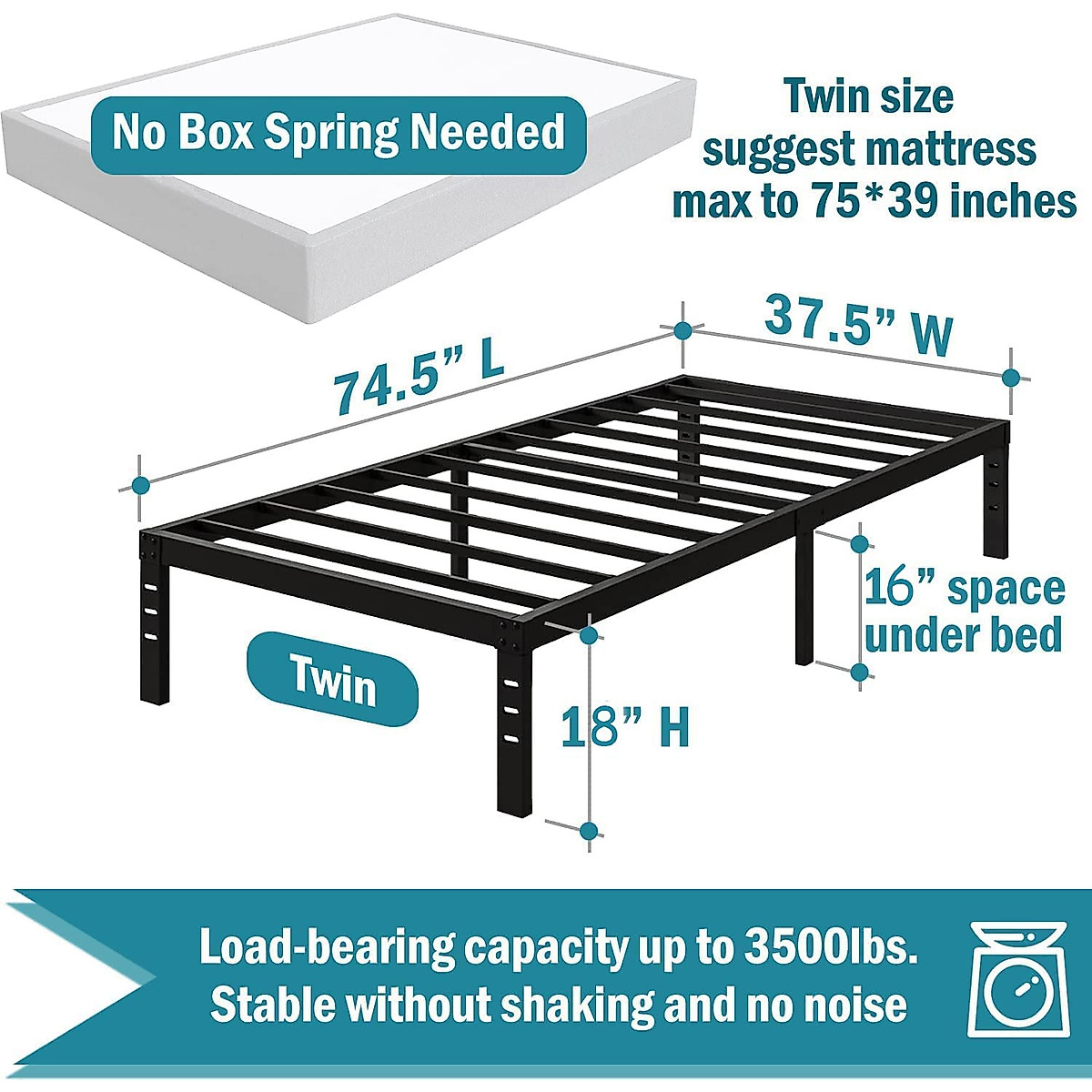 OmiNight Twin Bed Frame 18 Inch Tall Metal Frames 3500lbs Heavy Duty Steel Slat Support Platform No Box Spring Needed Easy Assembly-Black…