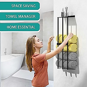Towel Rack for Bathroom, New Upgrade 3 Bar Wall Towel Racks for Rolled Towels, Towel Storage with Metal Top Shelf, Wall Mounted Bathroom Organizer (Black)