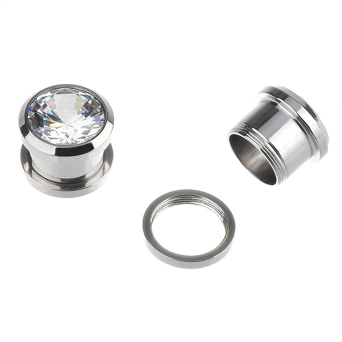 IPINK Punk Pair 8g- 1/2 Inch Stainless Steel Cubic Zirconia Screw Tunnels Ear Stretcher Plugs Piercing Gauge