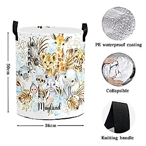 Blue Gold Tropical Jungle Safari Animals Personalized Laundry Hamper with Handles Waterproof,Custom Collapsible Laundry Bin,Clothes Toys Storage Baskets for Bedroom,Bathroom Decorative Large Capacity 50L