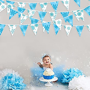 32Ft Blue and White Snowflakes Banner Triangle Flag Pennant Bunting Fabric Garland Streamers for Winter Wonderland Christmas Frozen Birthday X-mas New Years Party Festivals Hanging Decorations