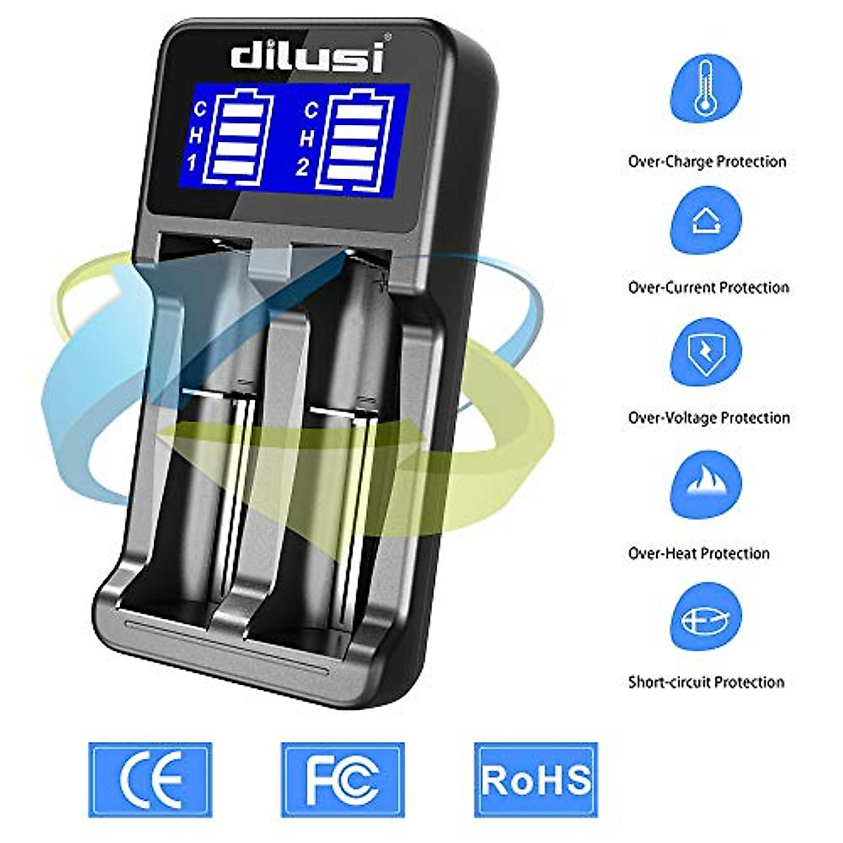 Dilusi Battery Charger 18650 Battery, Speedy Smart Recharger with LCD Display Universal for Rechargeable Batteries Ni-MH Ni-Cd A AA AAA AAAA C SC. Li-ion