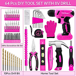 64PCS Pink Tool Set with Cordless Drill, 8V Power Drill and Pink Tool Kit for Women, 3/8"Keyless Chuck Electric Screwdriver Driver Kit for Home DIY and Repair, USB Charger and Storage Box Included