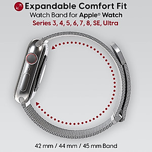 TALK WORKS Expandable Watch Band Compatible with Apple Watch Series - 42mm / 44mm / 45mm - Magnetic Closure - Stainless Steel Mesh Loop Comfort Fit Strap for Women and Men - Silver