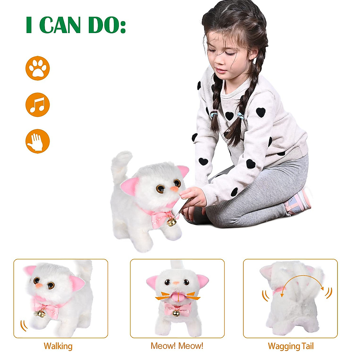 WorWoder Plush Electronic Interactive Cats That Move and Meow Walking Lifelike Interactive Toy Robot Kitten Pet Cute Stuffed Kitten for Girls Kids (White)