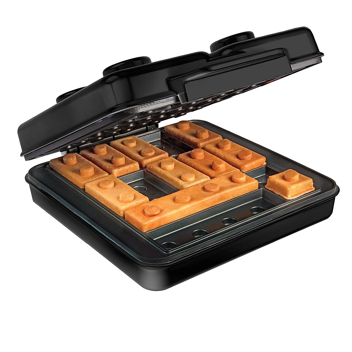 Building Brick Electric Waffle Maker - BLACK with 2 Construction Eating Plates - Cook Fun, Buildable Waffles in Minutes - Revolutionize Breakfast - Stack & Build on Serving Dishes, Great Gift