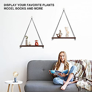 Hanging Shelves Wall Decor Wood Hanging Shelf with Metal Hooks Set of 2 Farmhouse Rustic Floating Shelving for Bedroom Bathroom Living Room Hanging Plant Shelf with Boho Cotton Rope