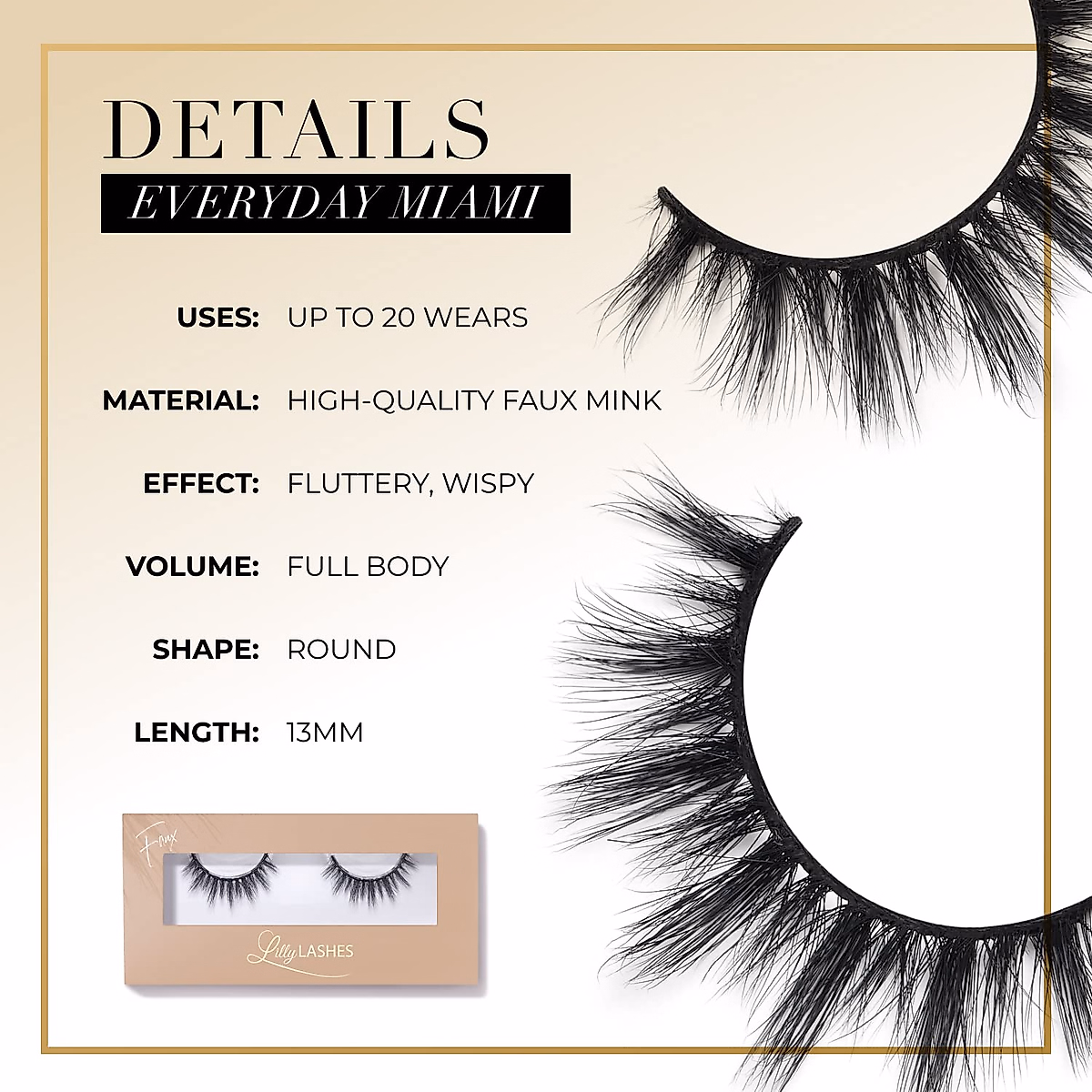 Lilly Lashes Everyday Miami Faux Mink Lashes False Eyelashes Natural Look Faux Wispy Lashes Mink Natural Lashes Short Lashes Round Shaped 13 mm Length Reusable Up to 20 Times