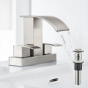 Waterfall Bathroom Sink Faucet Set with Pop Up Drain Stopper & Supply Lines - 4 Inch 2 Handles Centerset Faucet 2 or 3 Hole Lavatory Faucet Bathroom Vanity Mixer Tap Basin Faucets Brushed Nickel