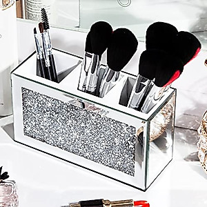 SHYFOY Mirrored Makeup Brush Holder Organizer, 3 Slot Glass Cosmetics Brushes Storage Holders with Crystal Crushed Diamond, Cute Pen and Pencil Holder for Desk, Eyeliners Display Case for Vanity