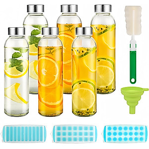 Generic 6 Pack Glass Juice Bottles, 18 oz Clear Glass Bottles with Caps, BPA Free & Eco-Friendly Reusable Refillable Bottles for Juicing,Stainless Steel Lid,Leak-Proof, transparent