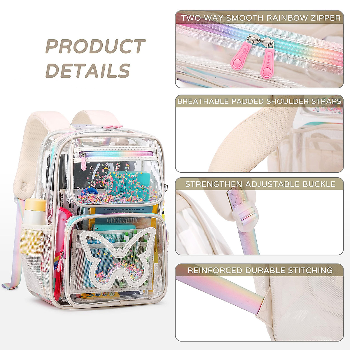 KIDNUO Clear Backpack for Girls Kids Elementary Bookbags Transparent Stadium Approved Travel Daypack See Through Middle College School Bag Large Laptop Backpacks for Women Teens Students (Beige)