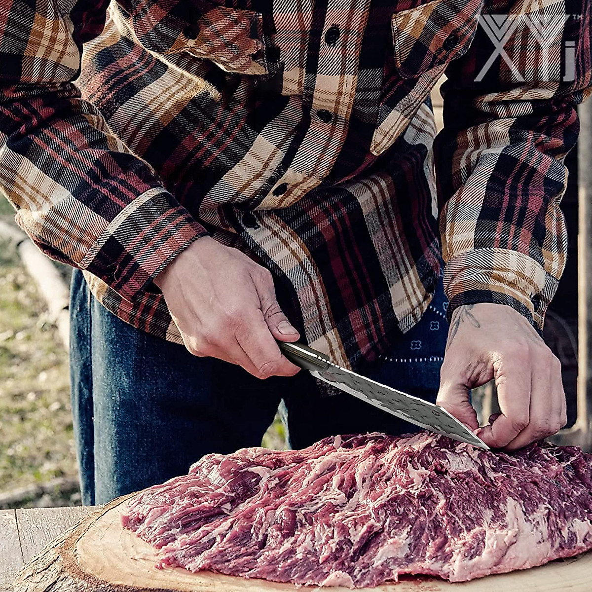 XYJ FULL TANG Camping Kitchen Knives Set With Knife Holder&Chef's Bag&Sharpener Rod 7 7.5 8 9 Inch Slicing Knife For Meat Vegetable Knives Block Set (Large Texture)