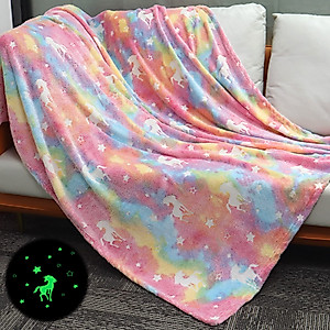 Unicorns Blanket for Girls Kids Toys Rainbow Luminous Blanket Soft Flannel Blanket Glow in The Dark Thanksgiving Halloween Christmas Birthday Gifts for Boy Toddler 50x60in