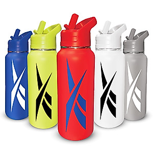 Reebok Stainless Steel Water Bottle With Straw Cap & Athletic Design - Insulated Water Bottles 32 oz - Double Wall Vacuum Insulated Sports Water Bottle With Straw, BPA Free (Red with Blue Vector)