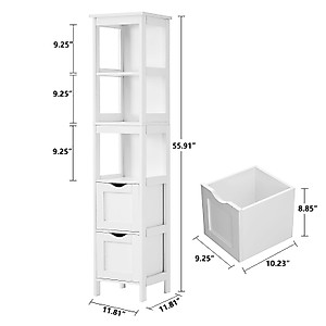 usikey 55.9" H Bathroom Storage Cabinet, Slim Tall Cabinet, Narrow Storage Cabinet with 2 Drawers & 3 Open Shelves, for Bathroom, Living Room, White