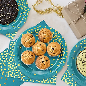 CENLBJ Blue Green Gold Paper Plates and Napkins - 25 x 7'' Dessert plates & 25 x 6.5'' Napkins,Green Paper Plates for Appetizers,Cakes,for Birthday,Father's Day,Independence(Serve 25)