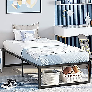 Elephance Twin Bed Frame with Storage Space 16 Inch Black Kids Student Bedframe No Box Spring Needed Metal Platform with Heavy Duty Steel Slat Support, Easy Assembly