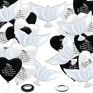 50 PCS Memorial Balloons Set with 40 PCS White and Black Memorial Balloons 8 PCS Peace Dove Balloons Pigeon Bird Balloons Funeral Remembrance Balloons 2 Rolls of Ribbons