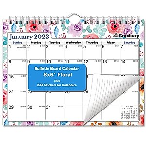 CRANBURY Small Wall Calendar 2023 - (8x6", Floral) Use to Dec 2023, Mini Wall Calendar 2023, Spiral Flip Calendar, 6x8 Bulletin Board Calender, Includes Stickers
